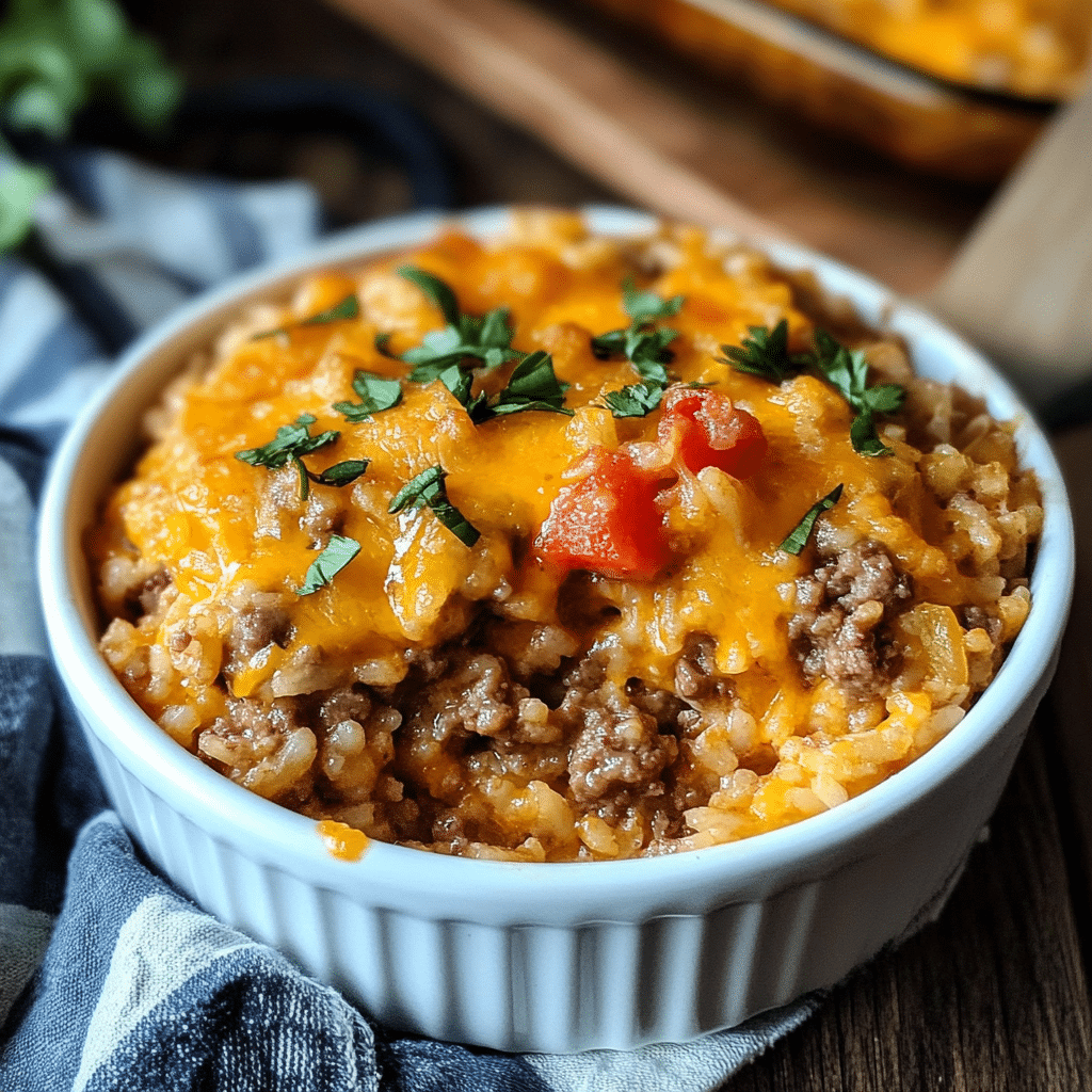 Cheesy Hamburger Rice Casserole Recipe - sandrarecipes.com